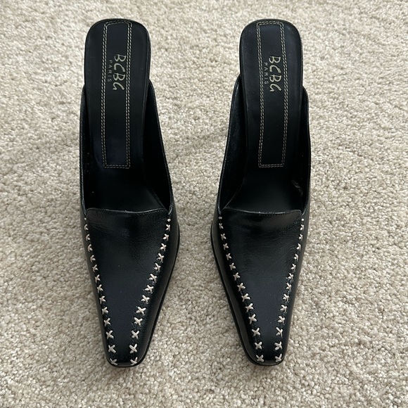 BCBG Paris | Shoes | Bcbg Black Leather Mules With Stitch Details On ...